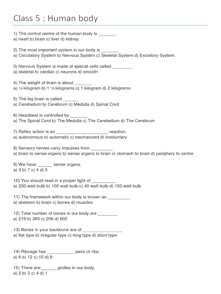 Class 5: Human Body | PDF | Human Body | Brain