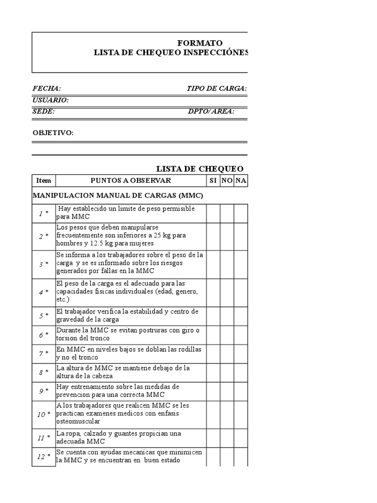Formato Lista De Chequeo Inspecciónes Planeadas