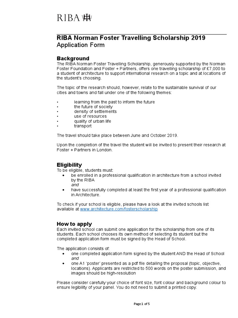 Application Form: RIBA Norman Foster Travelling Scholarship 2019 | PDF ...