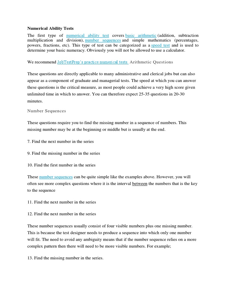 Numerical Ability Test Basic Arithmetic Number Sequences Speed Test ...