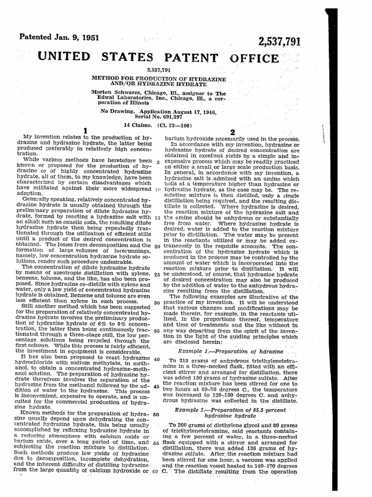 Efficient Hydrazine Production Method | PDF | Distillation | Chemical ...