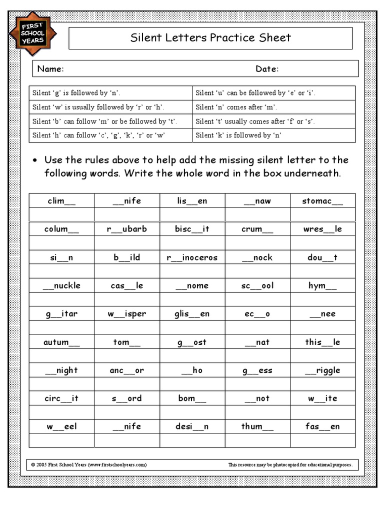 Silent Letters Practice Sheet