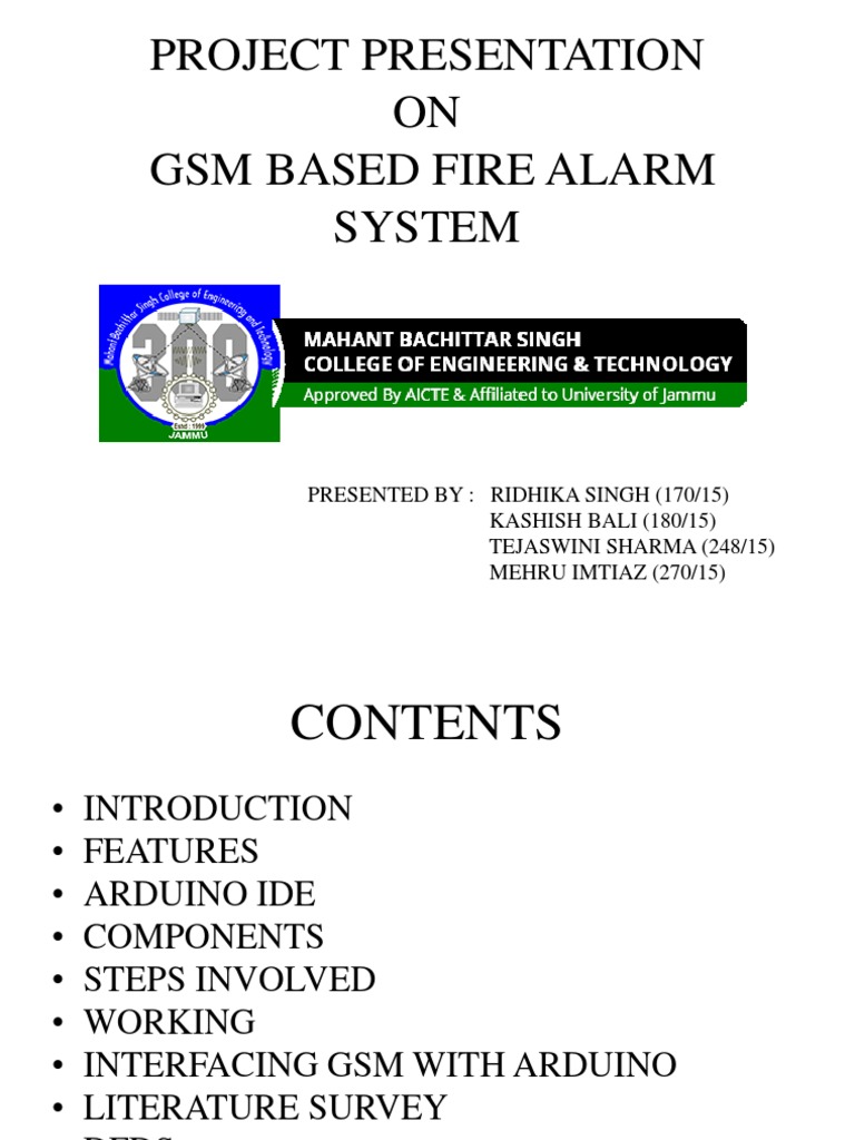 Project Presentation ON GSM Based Fire Alarm System | PDF | Arduino ...