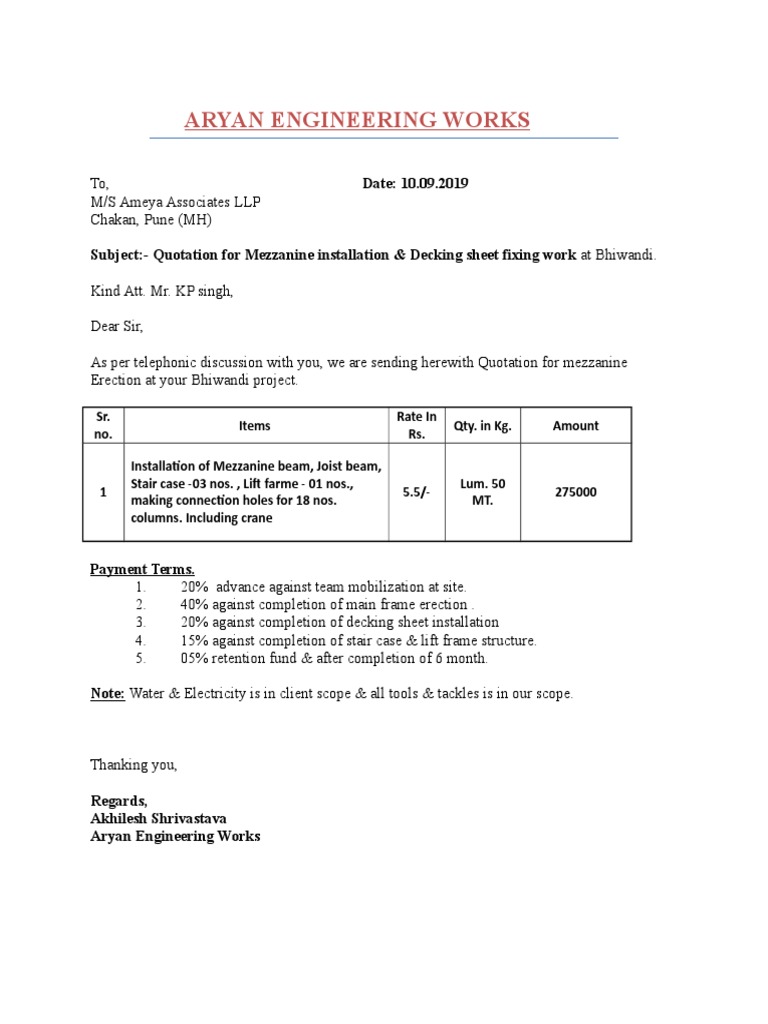 Aryan Engineering Works: Subject:-Quotation For Mezzanine Installation & Decking Sheet Fixing ...