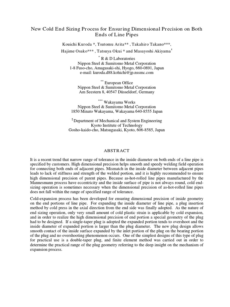 New Cold End Sizing Process For Ensuring Dimensional Precision On Both ...