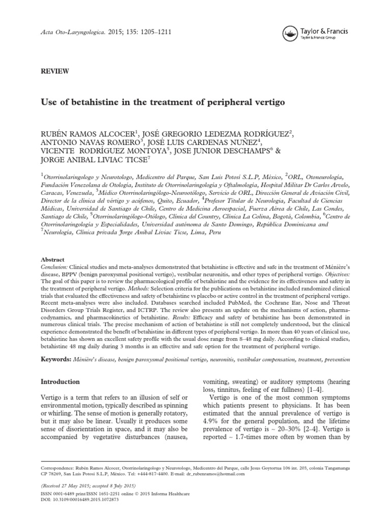 Use of Betahistine in The Treatment of Peripheral Vertigo | PDF ...