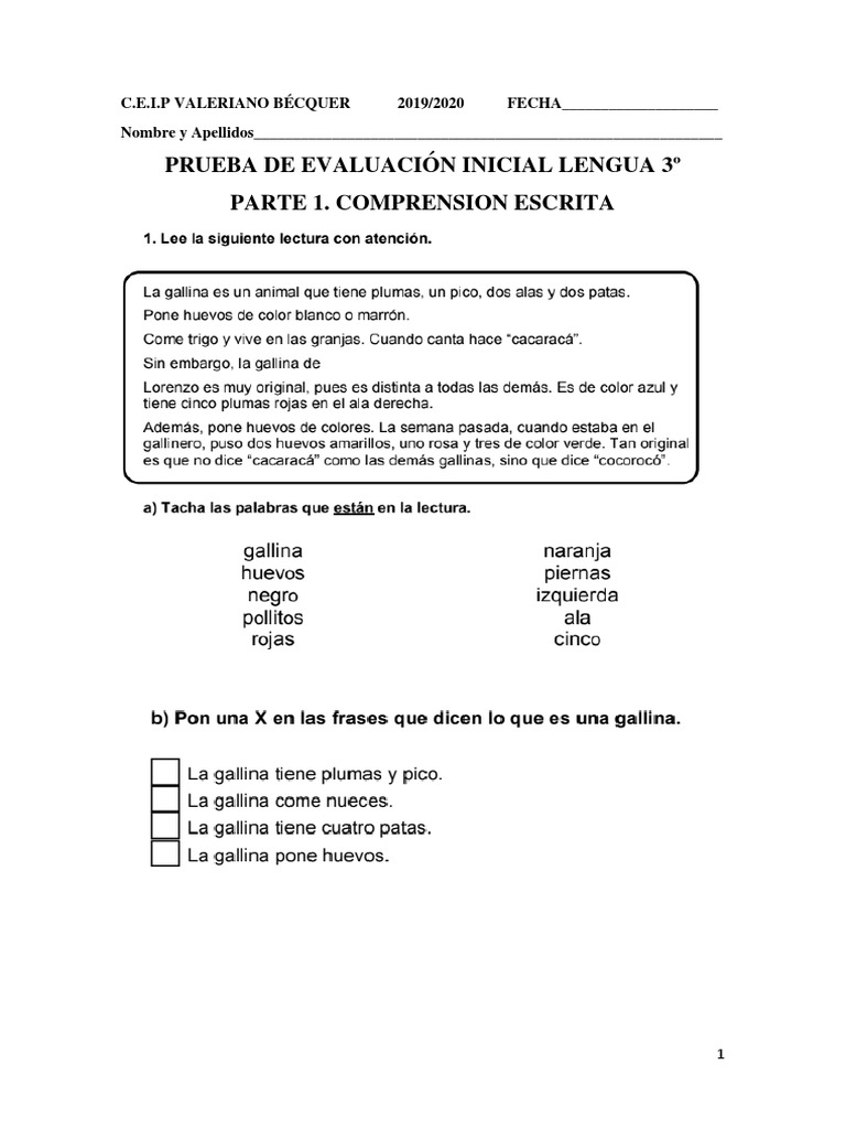 Evaluación Inicial Lengua 3º (4 Bloques) | PDF | Ocio