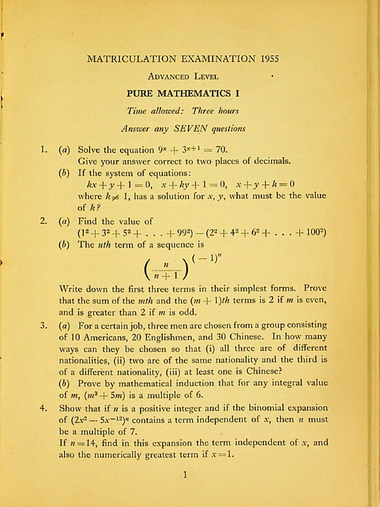 1955 AL Pure Mathematics Paper 1, 2 | PDF 1955 AL Pure Mathematics Paper 1, 2 | PDF