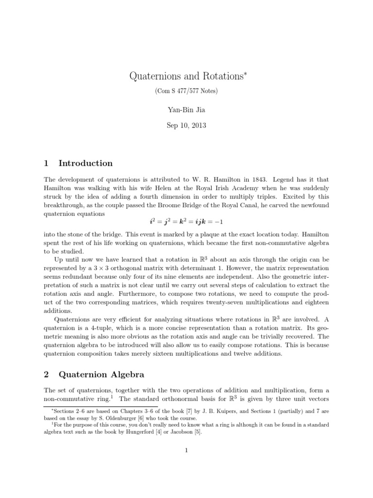 Quaternions And Rotations Com S 477 577 Notes Pdf Cartesian