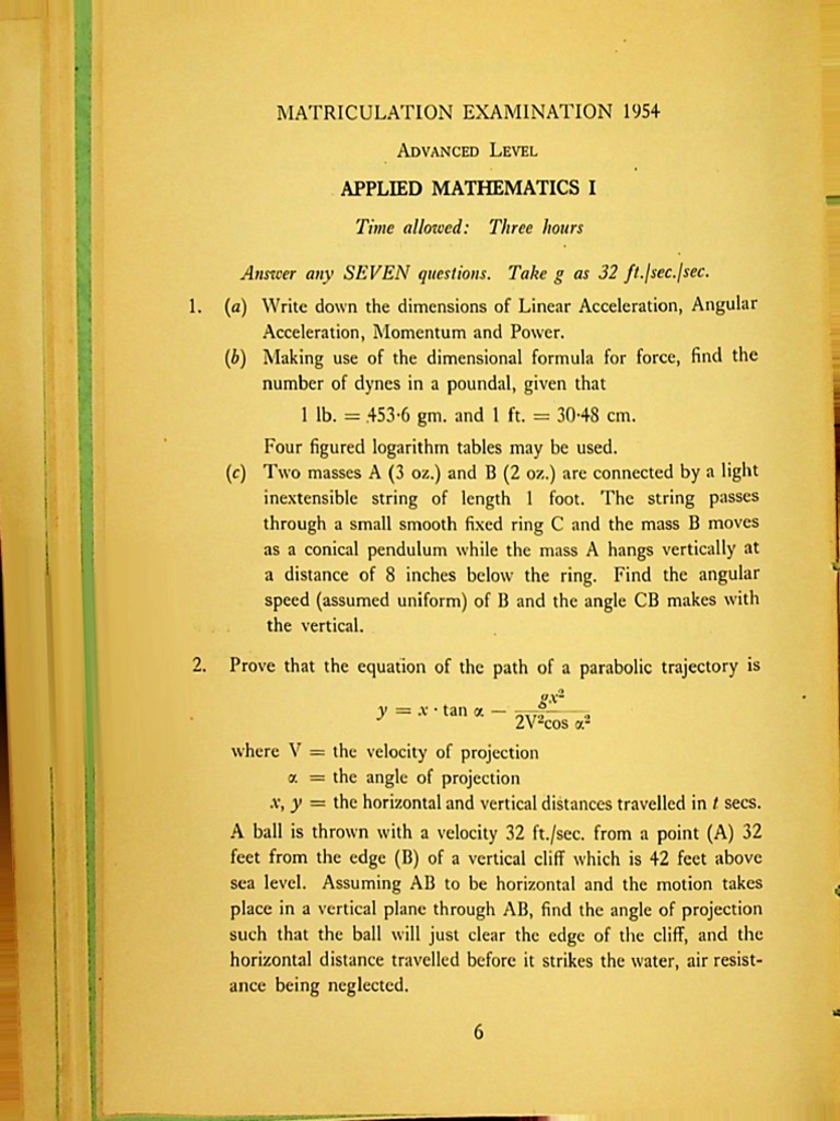 1954 AL Applied Mathematics Paper 1, 2 | PDF 1954 AL Applied Mathematics Paper 1, 2 | PDF