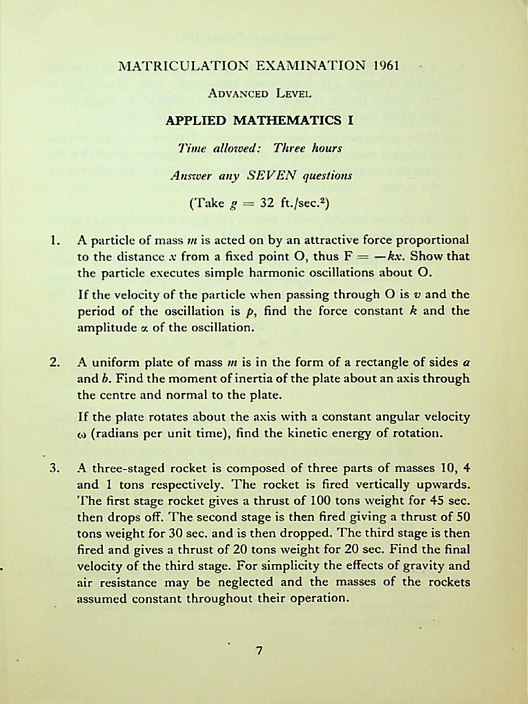 1961 AL Applied Mathematics Paper 1, 2 | PDF | Statistics Of Education ...