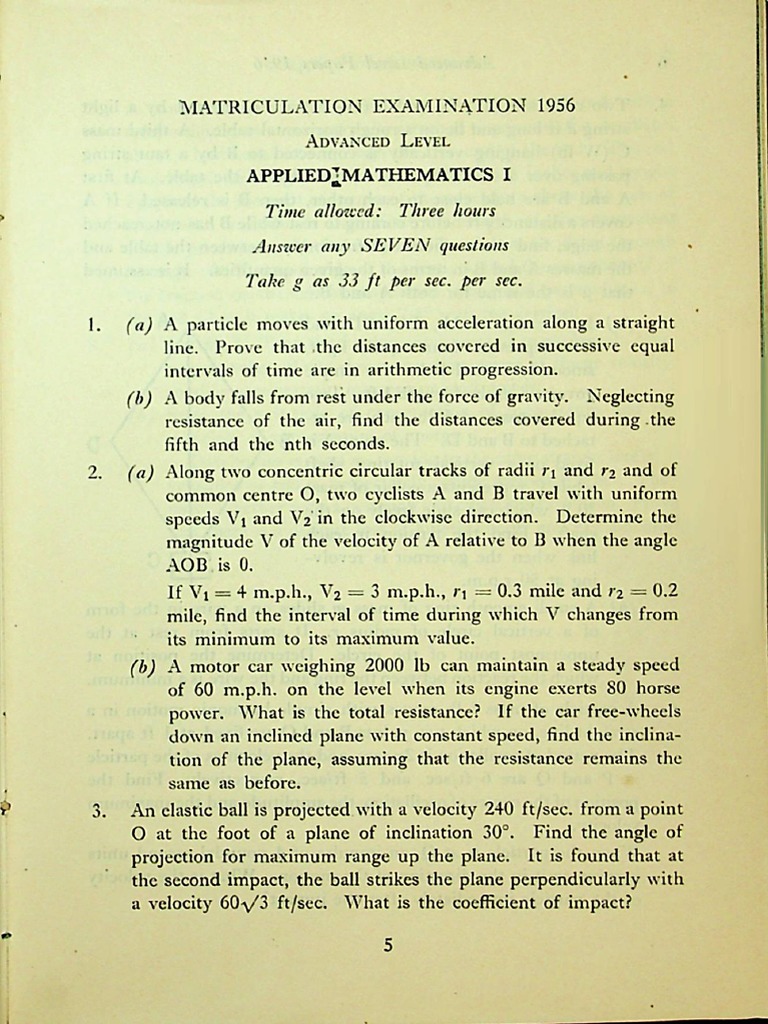 1956 AL Applied Mathematics Paper 1, 2 | PDF