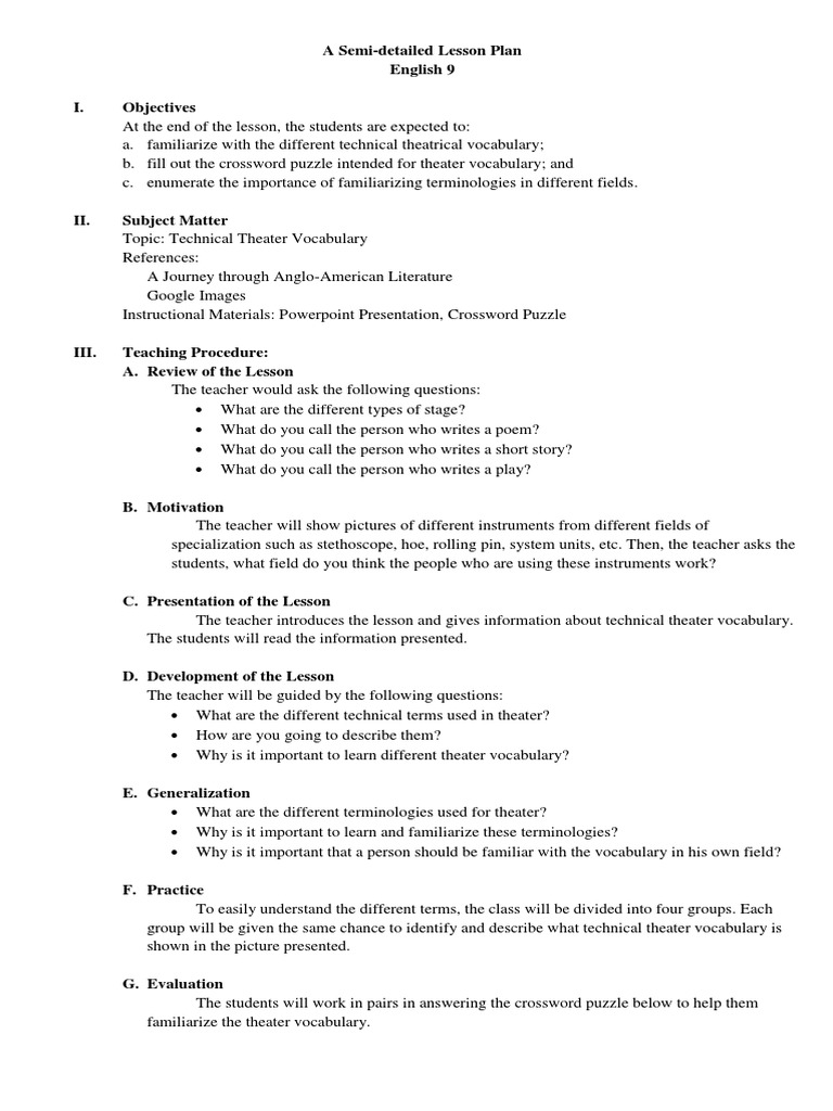 Technical Theater Vocabulary Lesson Plan | PDF | Lesson Plan | Teachers