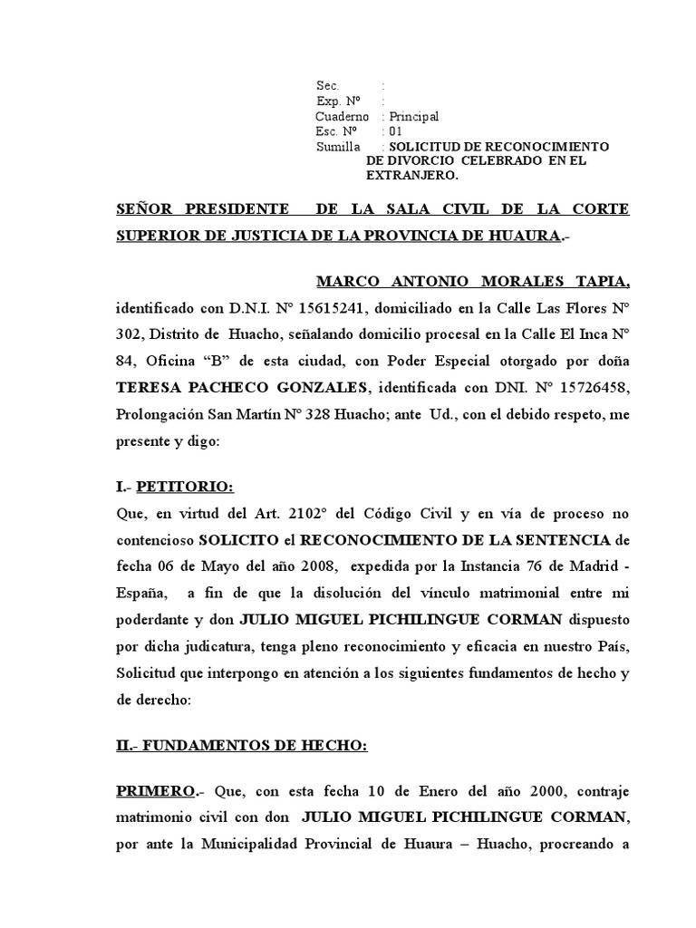 Solicitud de Exequatur de Divorcio | PDF | Sentencia (ley) | Divorcio
