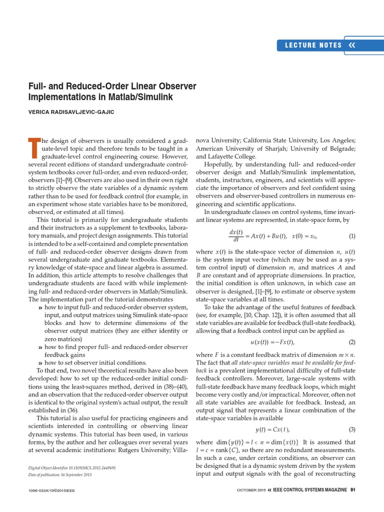 Full - and Reduced-Order Linear Observer Implementations in Matlab ...