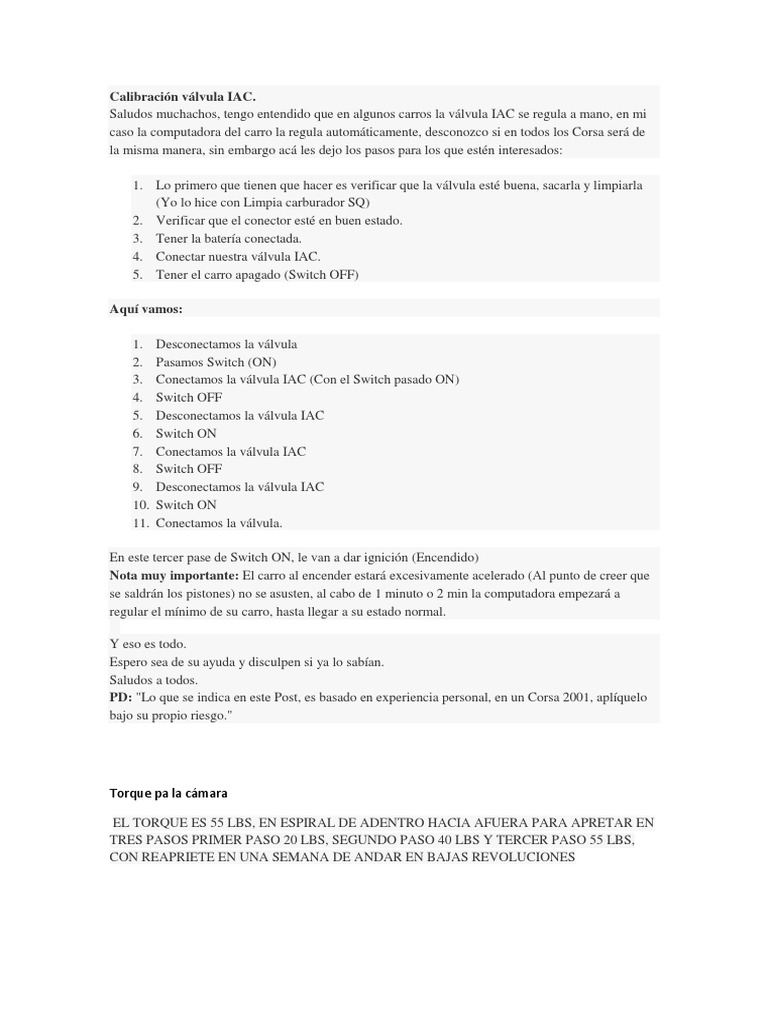 Calibración Válvula IAC Corsa | PDF