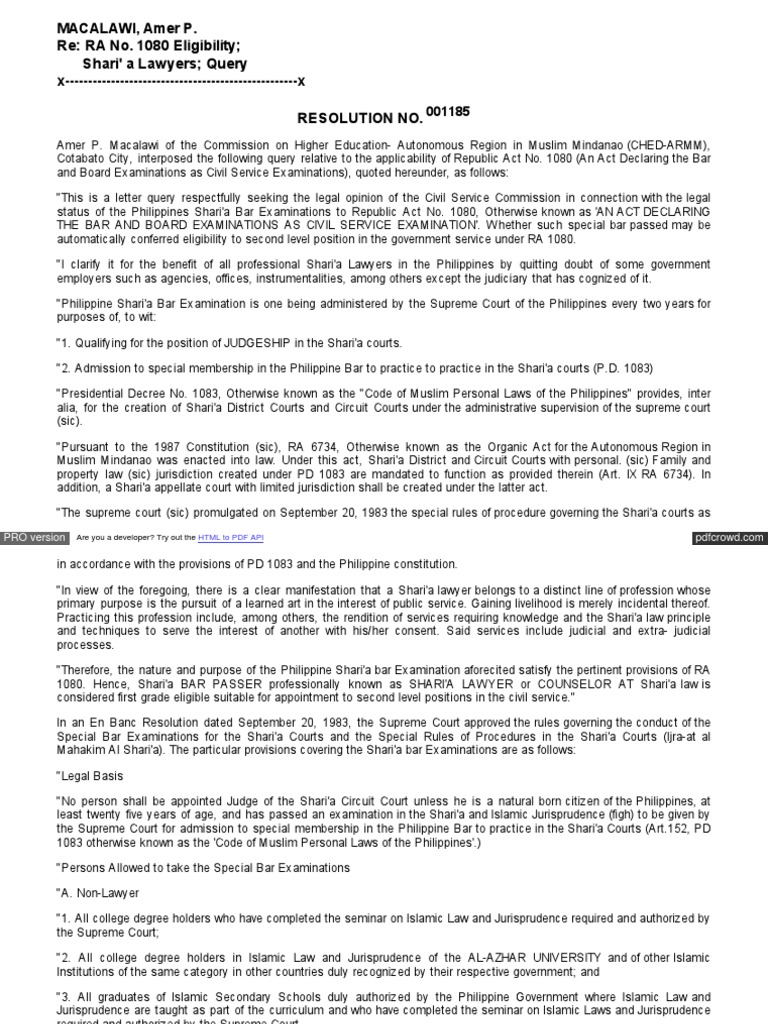 CSC Resolution No. 001185 | PDF | Sharia | Lawyer