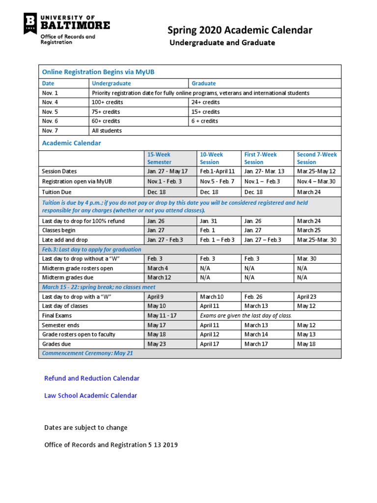 Spring 2020 Academic Calendar: Undergraduate and Graduate | Download ...
