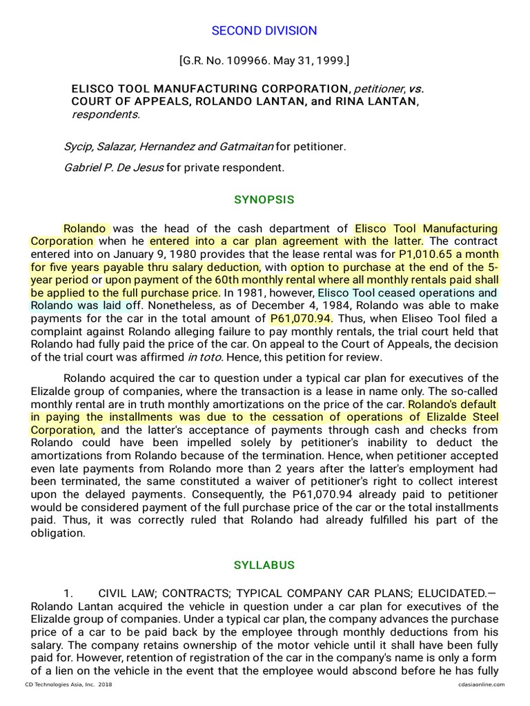 123482-1999-Elisco Tool Manufacturing Corp. v. Court of | PDF | Lease ...