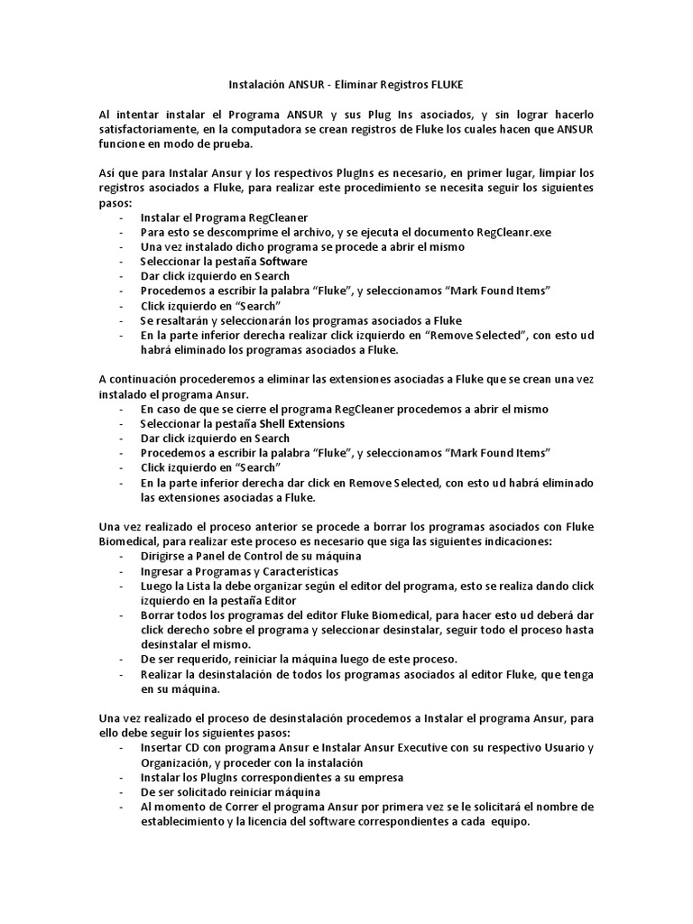 Guía para Instalar ANSUR y Eliminar Fluke | PDF | Programa de ...