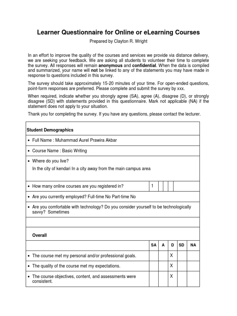 Learner Questionnaire For Online or Elearning Courses: Student ...