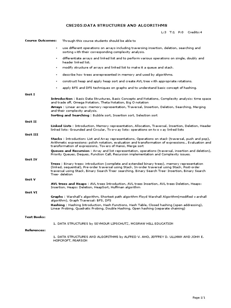 An In-Depth Introduction to Data Structures and Algorithms: A Course Outline Covering Arrays ...