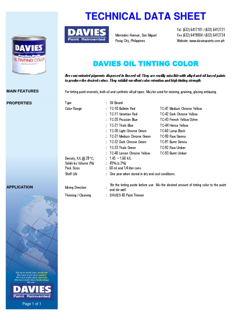 Davies Oil Tinting Color Guide | PDF | Paint | Green