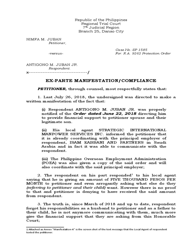 Ex-Parte Manifestation/Compliance: PETITIONER, Through Counsel, Most ...