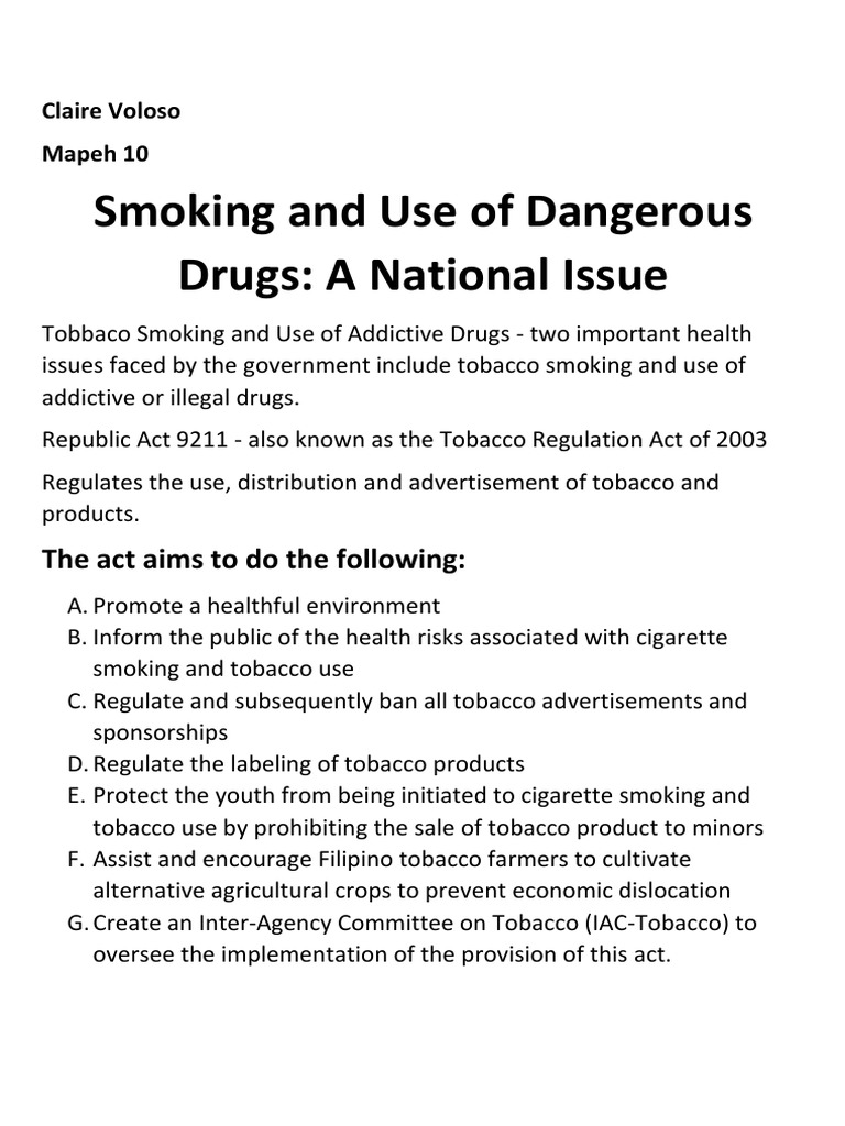 Smoking and Use of Dangerous Drugs: A National Issue: The Act Aims To ...