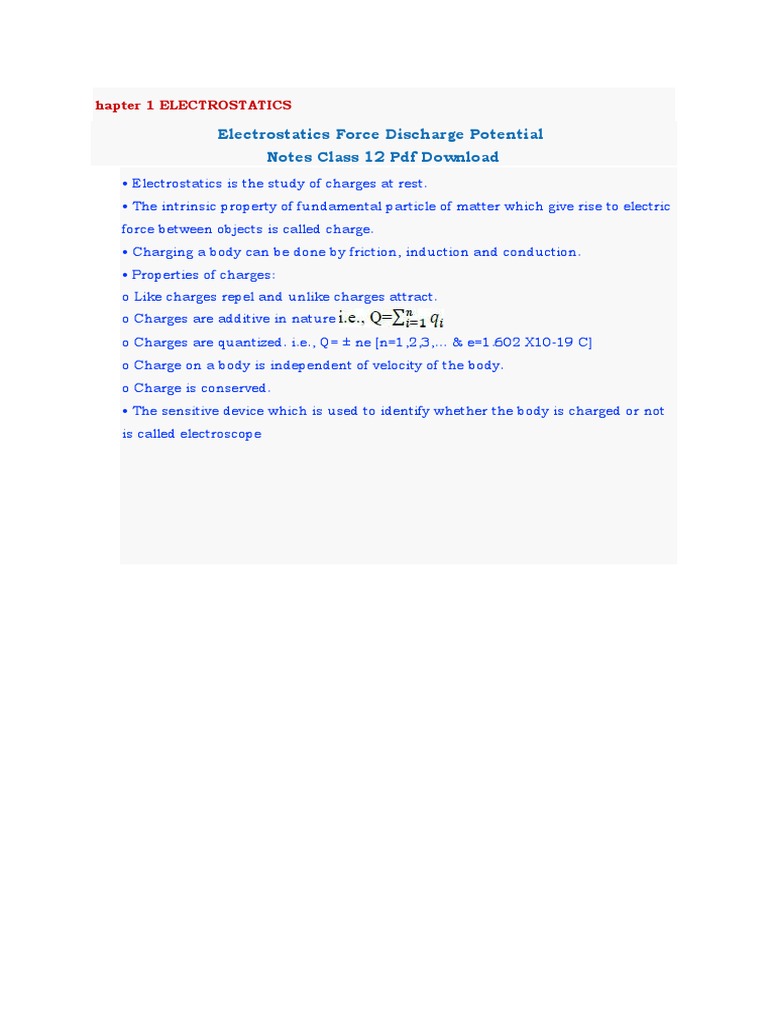 Electrostatics Force Discharge Potential Notes Class 12 PDF Download ...