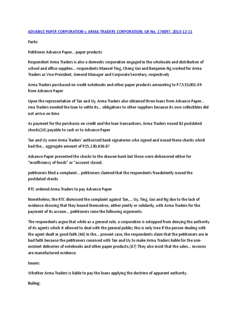 Facts:: Advance Paper Corporation V. Arma Traders Corporation, GR No ...