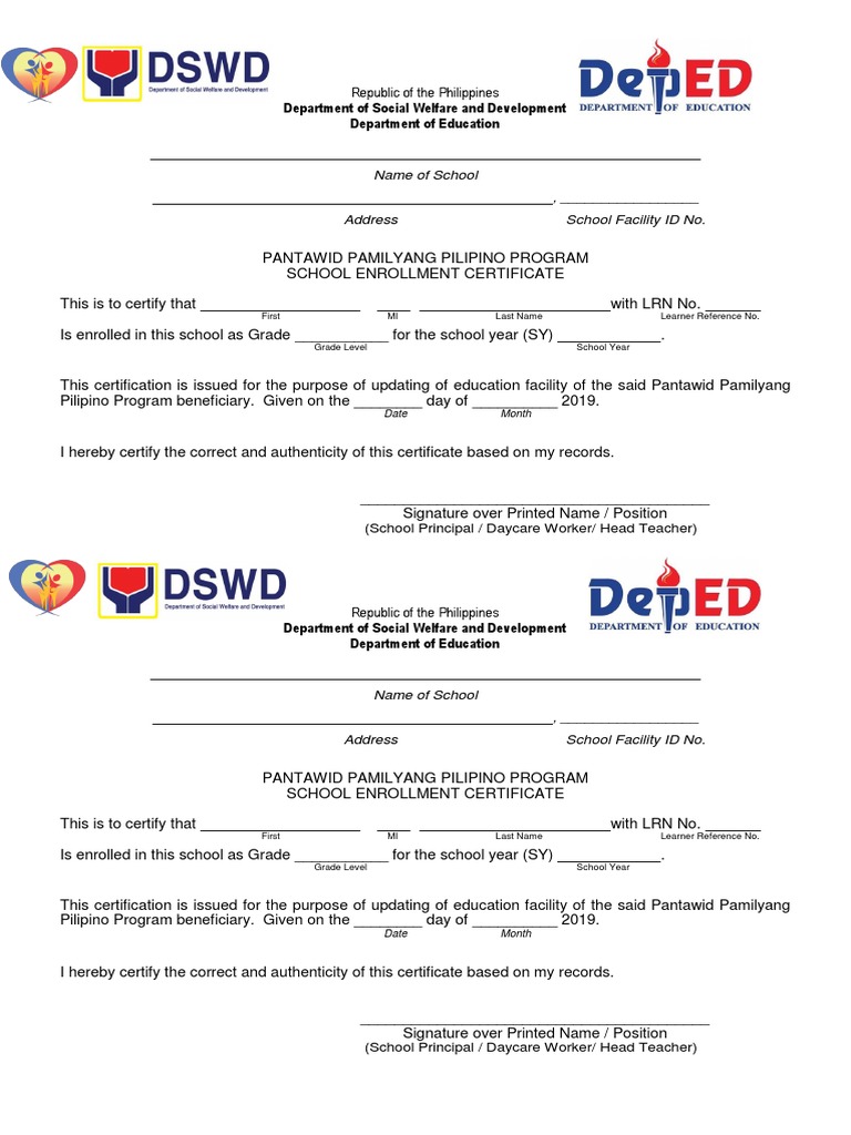 4Ps School Enrollment Certificate Form | PDF | Government | Schools