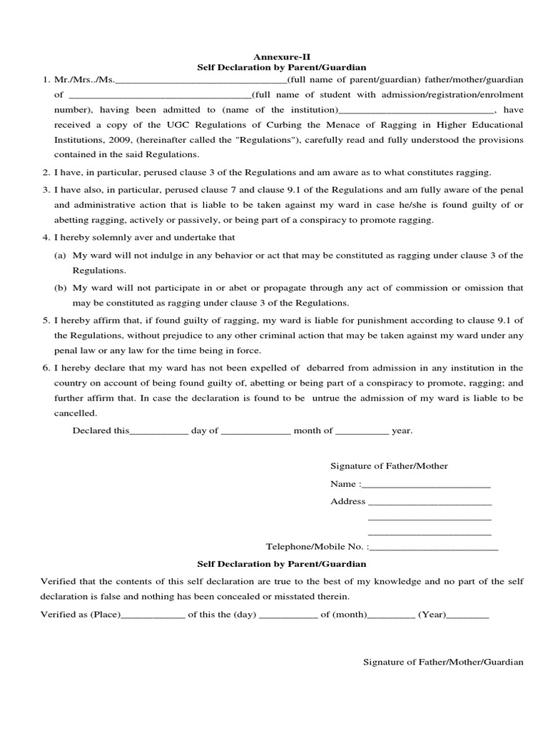 Annexure-II Self Declaration by Parent/Guardian | PDF | Misconduct | Human Rights