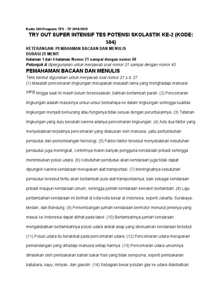Soal To Si Tps Kode 504 (Pem Bacaan&Menulis 21-40) | PDF