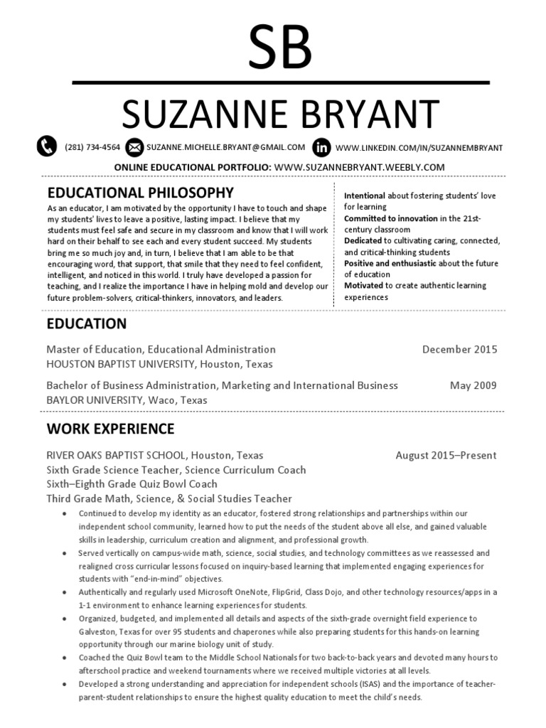 Bryant Suzanne Resume 2019 | PDF | Science Education | Teachers