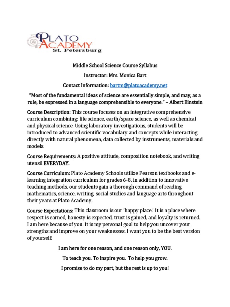 Middle School Science Syllabus 2023 | PDF | Curriculum | Science