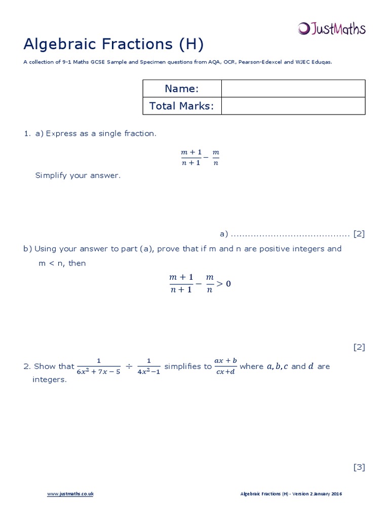 Mastering Algebraic Fractions: A Collection of GCSE Sample Questions on ...