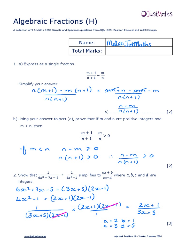 GCSE Algebraic Fractions Sample Questions | PDF | Vocational Education ...