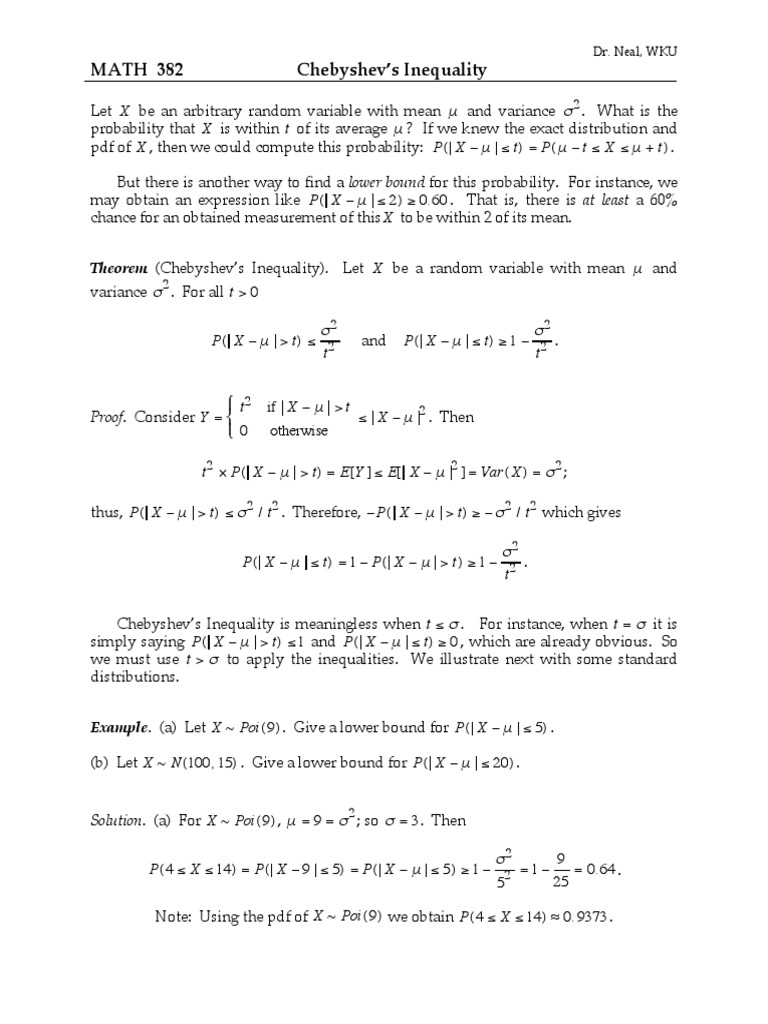 Chebyshev's Inequality Explained | PDF | Mean | Variance