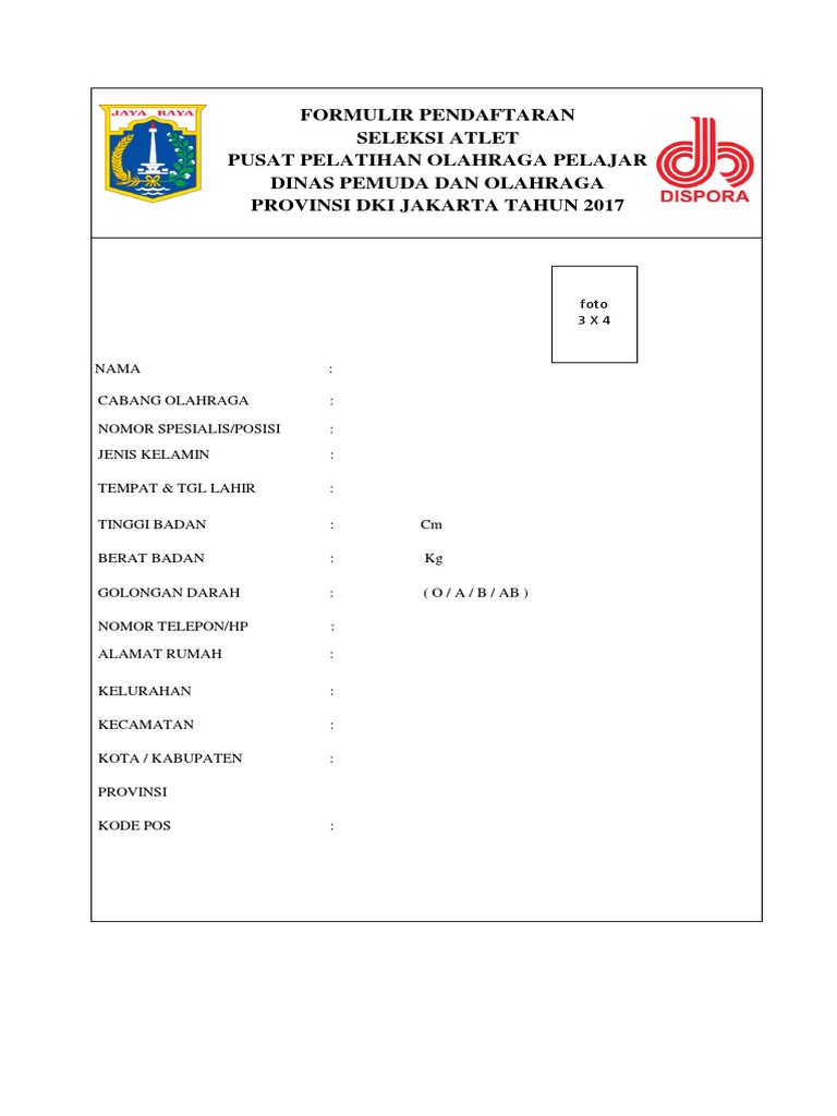 Formulir Seleksi Atlet DKI 2017 | PDF