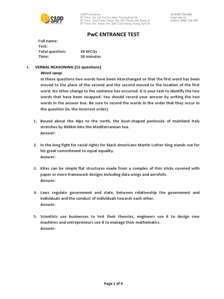 (PWC) Entrance Test & Answer | PDF | Acid | Taste
