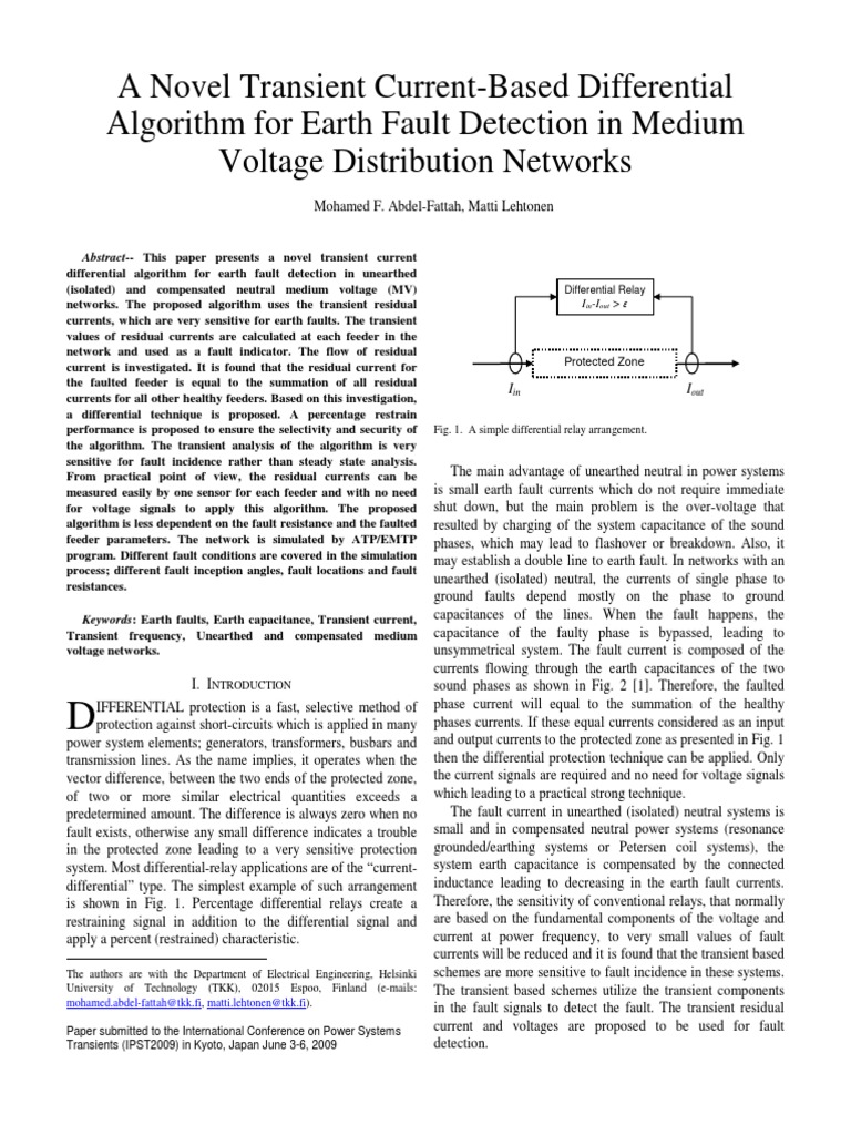A Novel Transient Current-Based Differential Algorithm For Earth Fault Detection in Medium ...