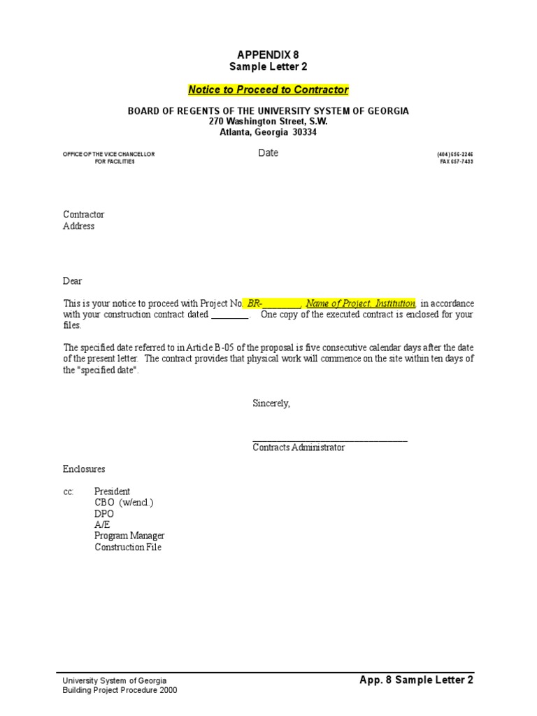 Notice To Proceed To Contractor: Appendix 8 Sample Letter 2 | PDF | Law ...