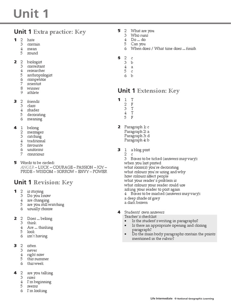 Unit 1: Extra Practice: Key | PDF