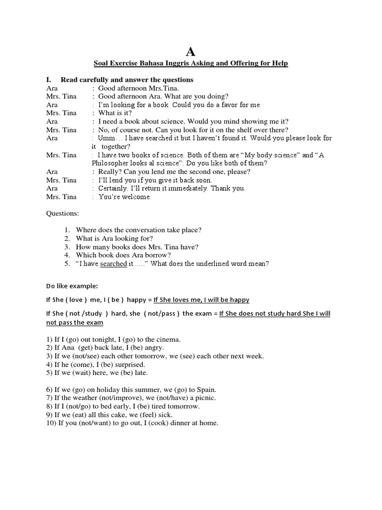 Soal Exercise Bahasa Inggris Asking and Offering For Help I. Read ...