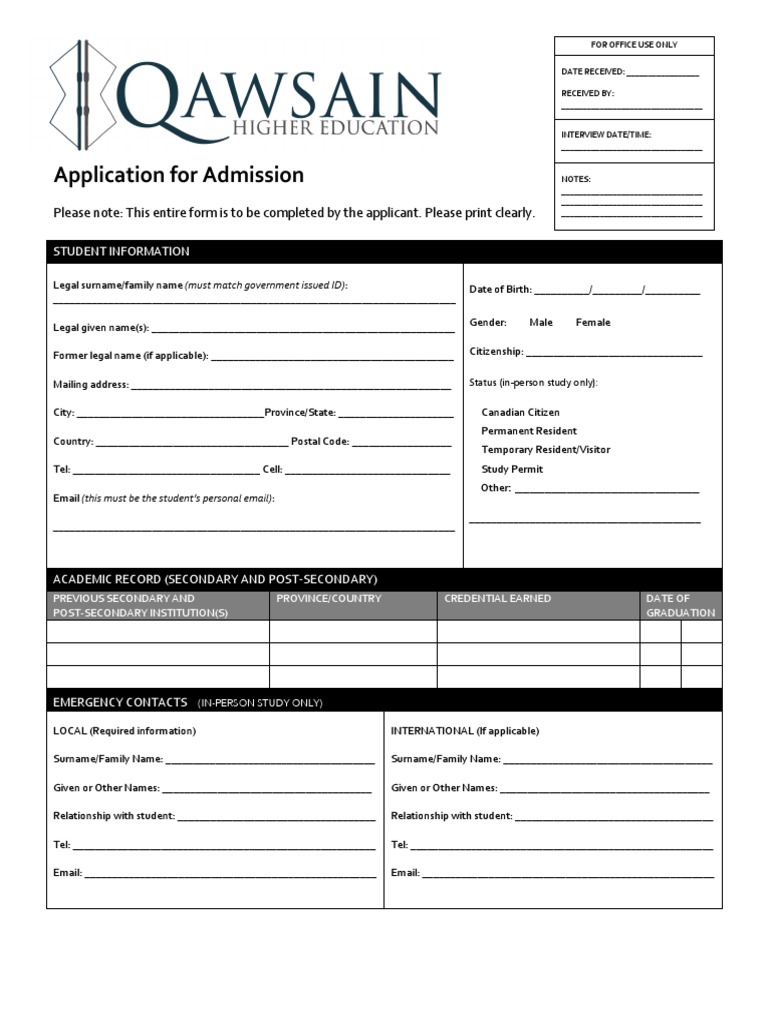 Application For Admission: Please Note: This Entire Form Is To Be ...