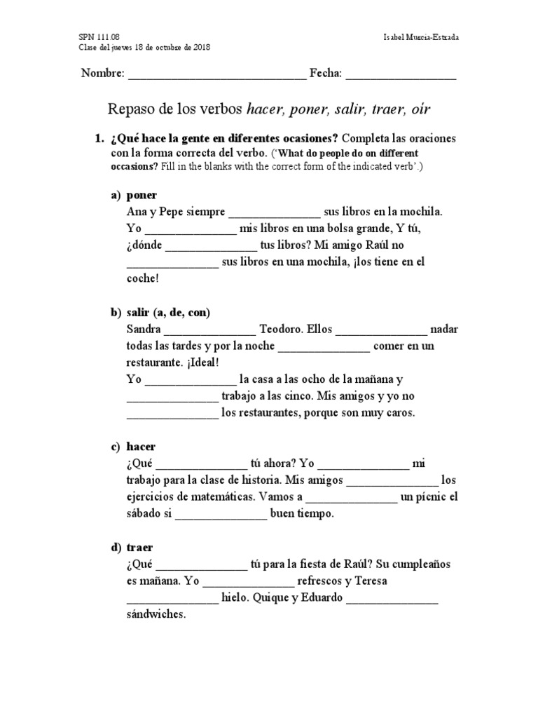 Ejercicios del verbo salir en español | PDF