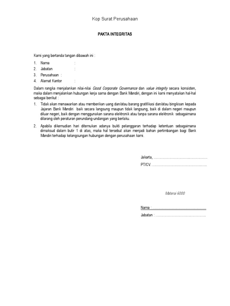 Contoh Pakta Integritas | PDF | Karier & Perkembangan | Pengelolaan ...