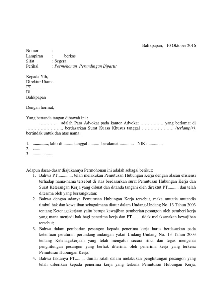 Permohonan Perundingan Bipartit Karyawan | PDF