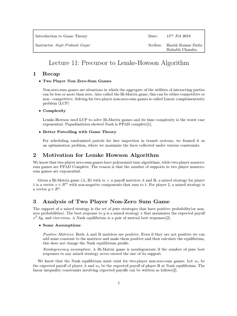 Lecture 11: Precursor To Lemke-Howson Algorithm: 1 Recap | PDF | Applied Mathematics | Teaching ...